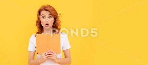 Student or female teacher with book. woman reader reading. shocked ...