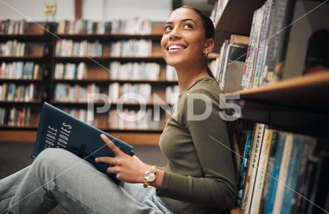 Student, thinking and reading books library floor for knowledge ...