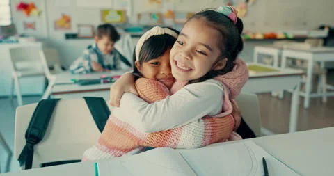 Students, hug and classroom at school to... | Stock Video | Pond5