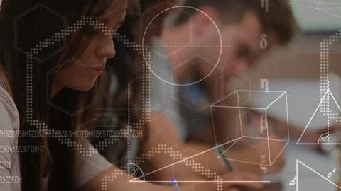 Students taking notes surrounded by math... | Stock Video | Pond5