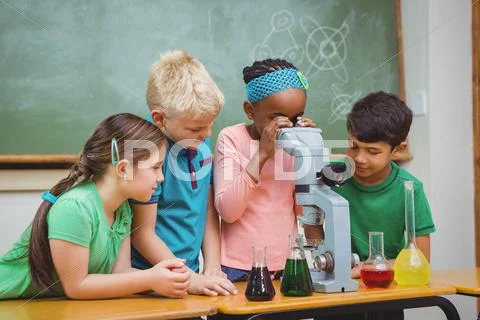 Students using science beakers and a microscope ~ Premium Photo #53518539