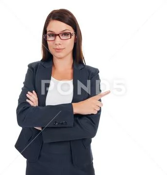 Studio portrait, arms crossed and business woman point at mockup space ...