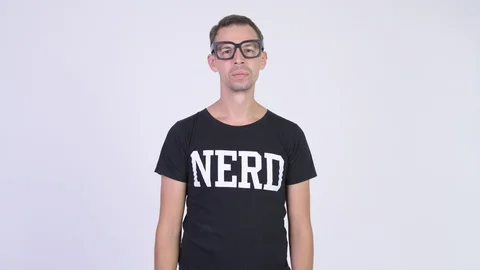 Studio shot of angry nerd man talking an... | Stock Video | Pond5