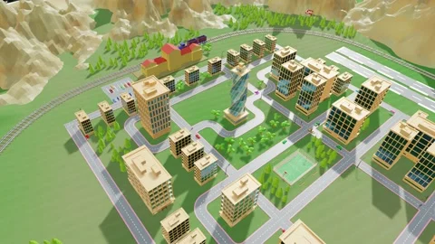stylized cartoon 3D city model with skys... | Stock Video | Pond5