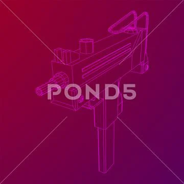 Submachine gun modern firearms pistol. Wireframe low poly mesh: Graphic ...