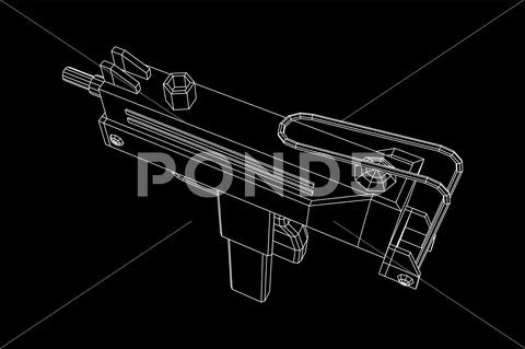 Submachine gun modern firearms pistol. Wireframe low poly mesh: Graphic ...