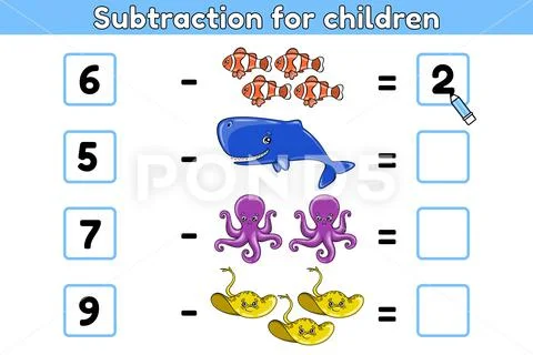 Subtraction for children math game sea animals-2 ~ Clip Art #222019511
