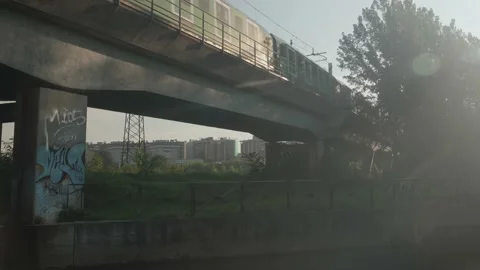 Subway ride on concrete bridge in Milan,... | Stock Video | Pond5