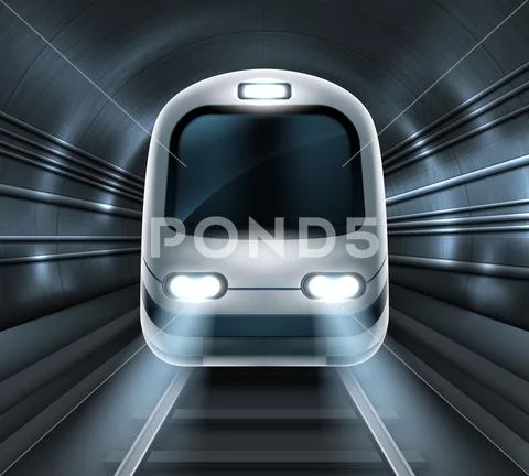 Subway train in metro tunnel front view locomotive: Royalty Free #136599058