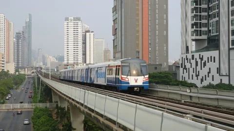 Subway Train Running on Rail in DownTown... | Stock Video | Pond5