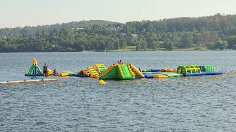 Summer holiday, floating water park on a... | Stock Video | Pond5
