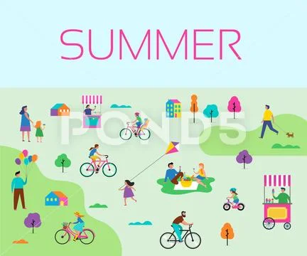 Summer outdoor scene with active family vacation, park activities ...