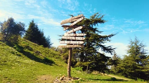 summit of the mountain with wooden signs... | Stock Video | Pond5