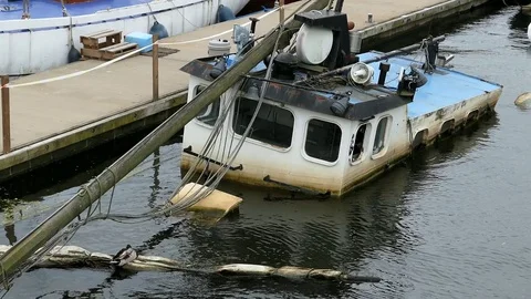 Sunken Boat In Marina | Stock Video | Pond5