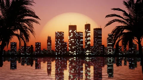 Sunset city, Retro futuristic synthwave ... | Stock Video | Pond5