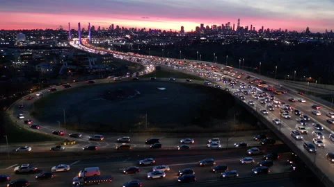 sunset flying clockwise around onramp to... | Stock Video | Pond5
