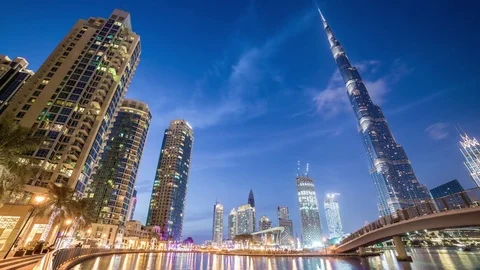 sunset night dubai mall world tallest bu... | Stock Video | Pond5