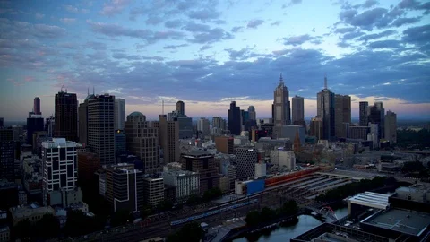 Sunset over Melbourne city skyline at du... | Stock Video | Pond5