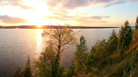 Sunset on the river Kama. Cape Strelka, ... | Stock Video | Pond5