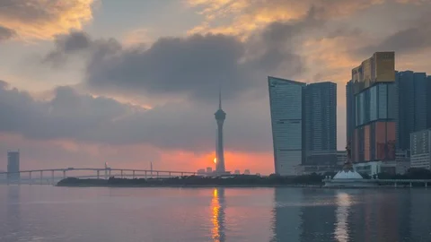 sunset sky macau city famous tower bay p... | Stock Video | Pond5