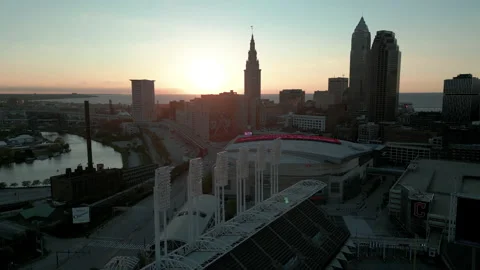 sunset view of downtown Cleveland skylin... | Stock Video | Pond5