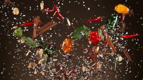 Super slow motion of flying spices mix o... | Stock Video | Pond5
