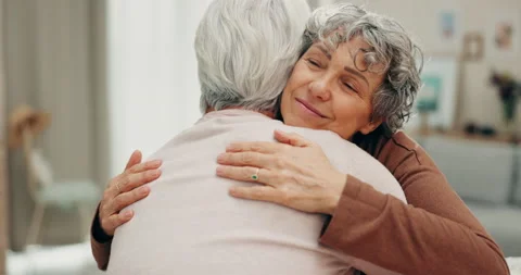 Support, face and senior friends hug in ... | Stock Video | Pond5