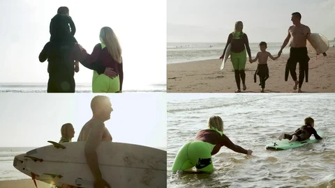 Surfer family couple and kid spending su... | Stock Video | Pond5