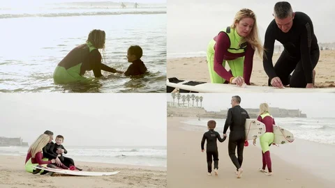 Surfer family couple and kid enjoying su... | Stock Video | Pond5