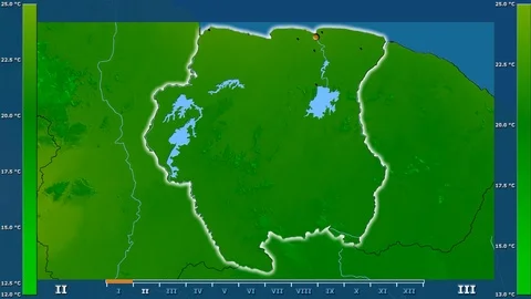 Suriname - minimum temperature, borders ... | Stock Video | Pond5