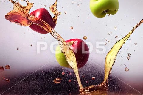 Sweet apple golden juice explosion, splash through flying fruits ...