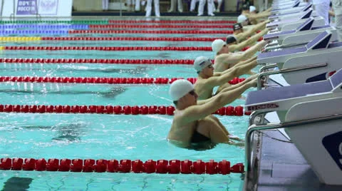 Swimmers jump into water during start of... | Stock Video | Pond5