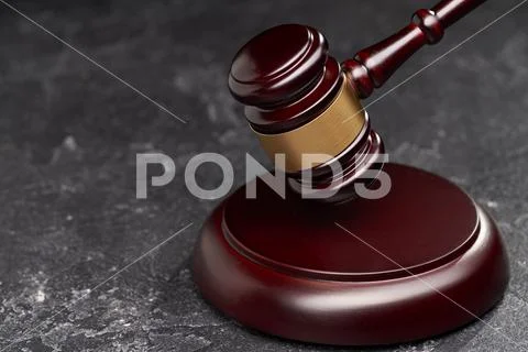 Symbol of court and justice, hammer on black background, ~ Hi Res ...