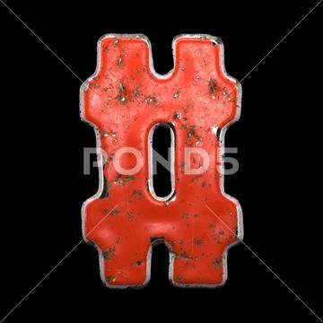Symbol hash made of red painted metal isolated on black background. 3d ...