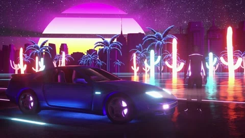Synthwave Car Racer in the Cactus City -... | Stock Video | Pond5