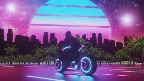Synthwave Moto Rider in the Palms City -... | Stock Video | Pond5