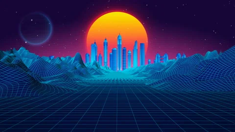 Synthwave wireframe landscape. Sunset ov... | Stock Video | Pond5
