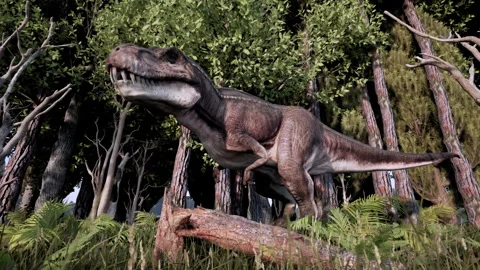 A T-Rex dinosaur roaring in a lush green... | Stock Video | Pond5