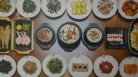 table top of korean food dishes layout z... | Stock Video | Pond5