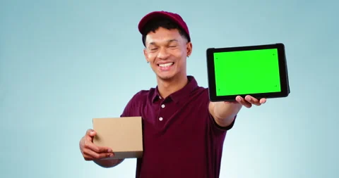 Tablet, green screen and delivery man in... | Stock Video | Pond5