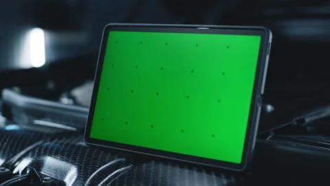 Tablet with green screen on the hood of ... | Stock Video | Pond5