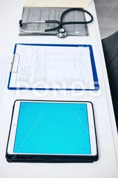 Tablet mockup, screen and hospital desk, healthcare background and ...