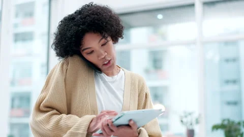 Tablet, phone call and business woman in... | Stock Video | Pond5