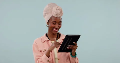 Tablet, smile and scrolling with a black... | Stock Video | Pond5