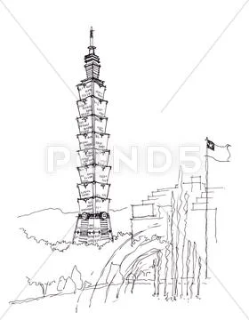 Taipei 101 pen drawing with Taiwanese flag Illustration #64582800