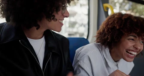 Talking, fist bump and friends on bus in... | Stock Video | Pond5