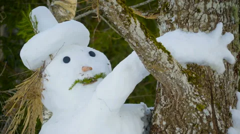 A tall big snowman hugging a tree | Stock Video | Pond5