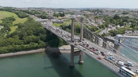 Tamar Bridge with heavy queues of traffi... | Stock Video | Pond5
