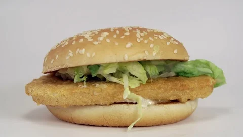 Tasty chicken burger on white clean back... | Stock Video | Pond5