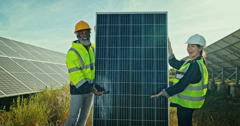 Team with solar panel presentation at fa... | Stock Video | Pond5